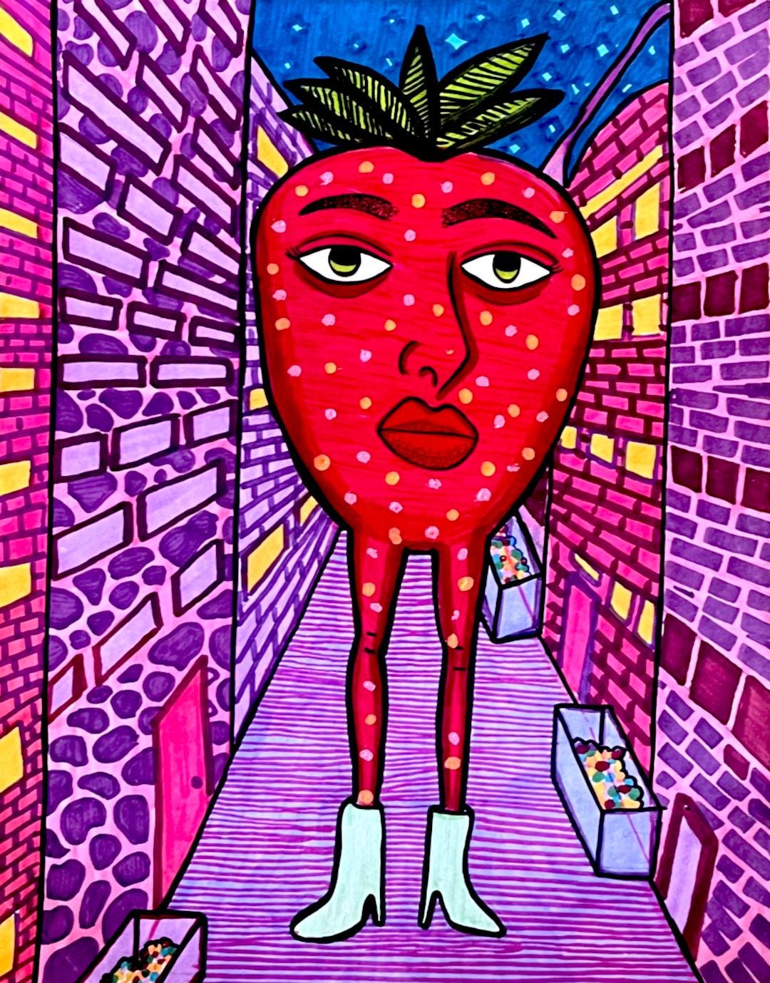 Strawberry Friend in Alley Art Print Drawing Illustration Fruit ...