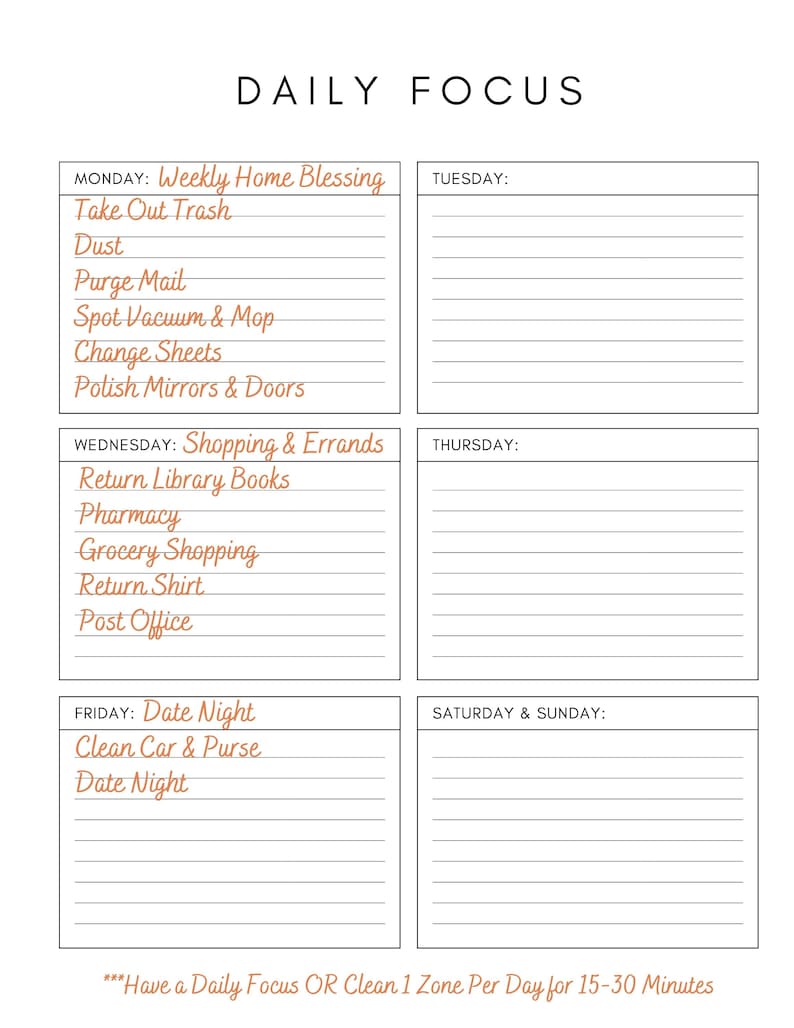 Flylady Control Journal Printable: Cleaning Schedule (editable PDF) - Etsy