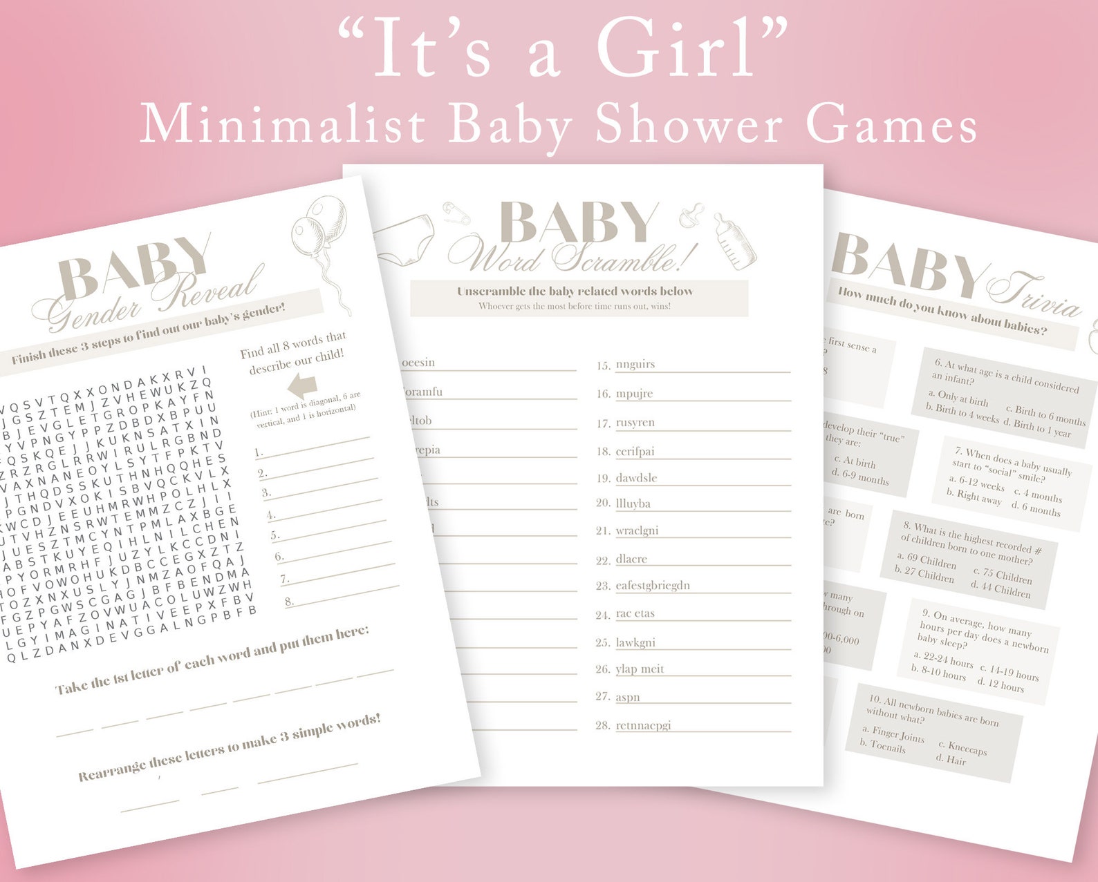 Girl Baby Shower Bundle - Gender Reveal Crossword - Gender Prediction ...
