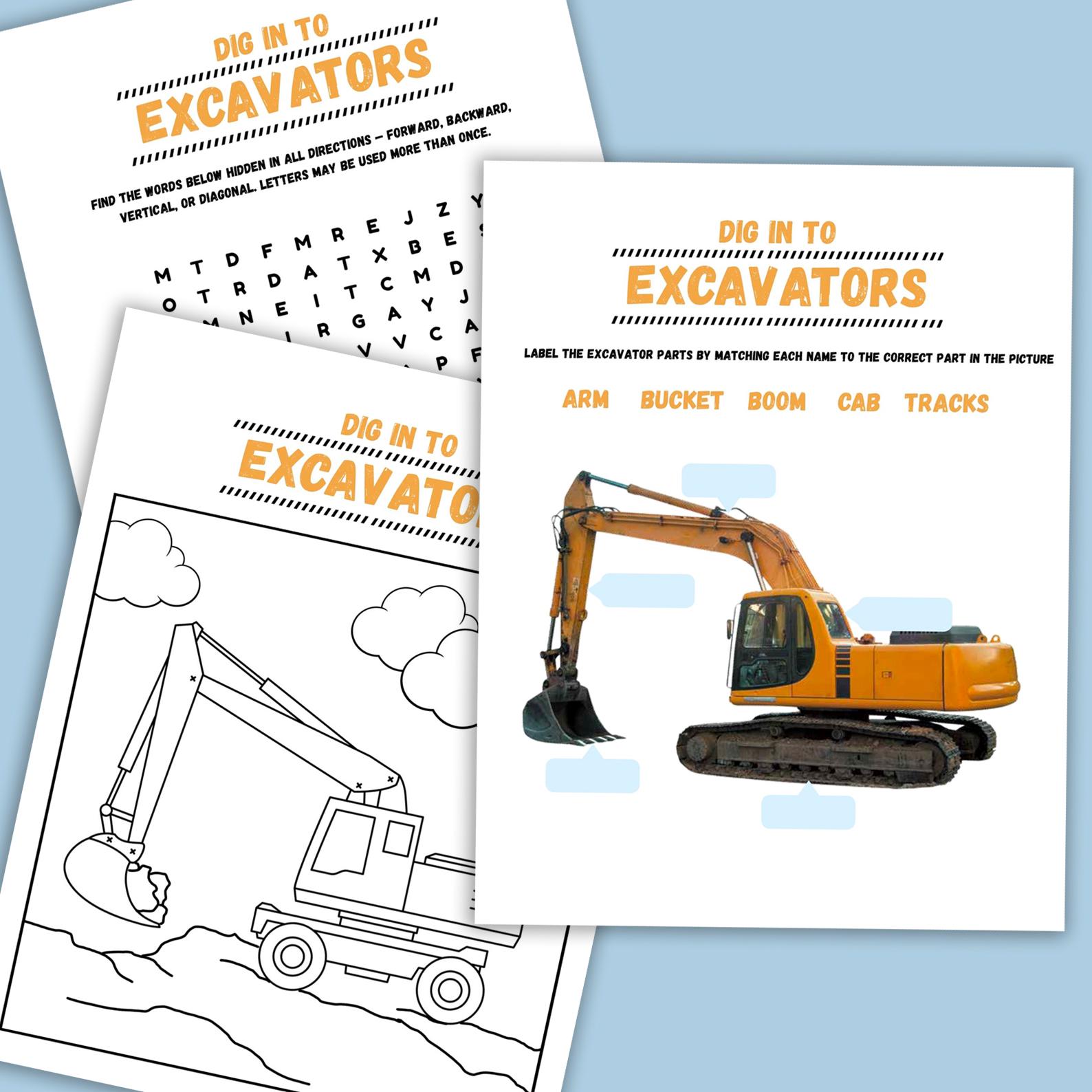 Excavator Party Packet for Kids Birthday - 3 Pages - Coloring, Word ...