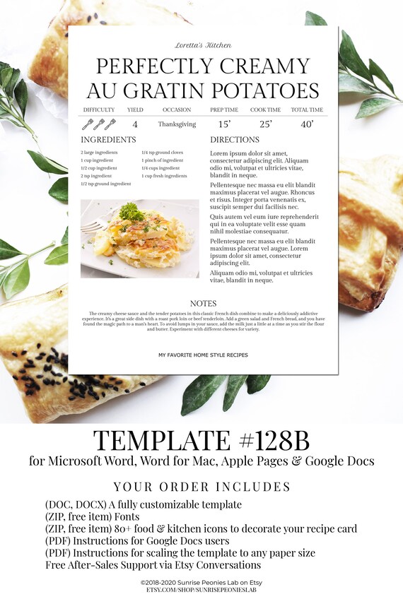 Editable Recipe Page Template DESIGN 128B Instant Download - Etsy Finland