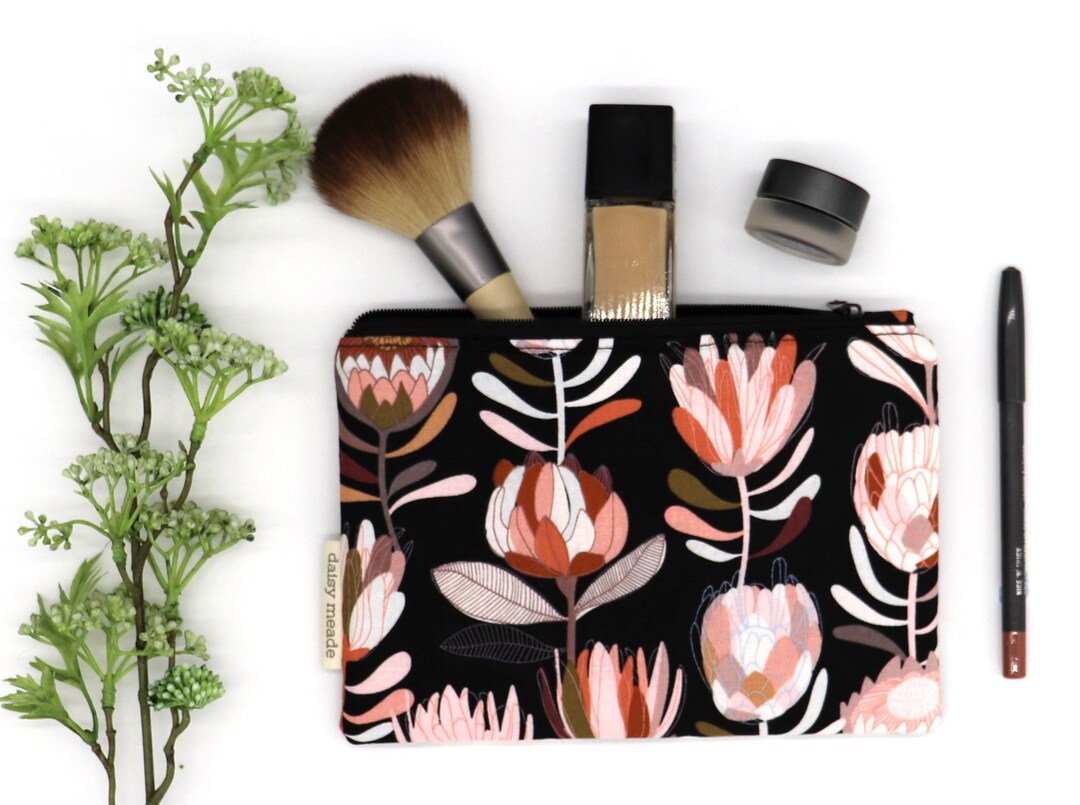 Small Waterproof Makeup Bag, Black Protea Makeup Bag, Floral Cosmetic ...