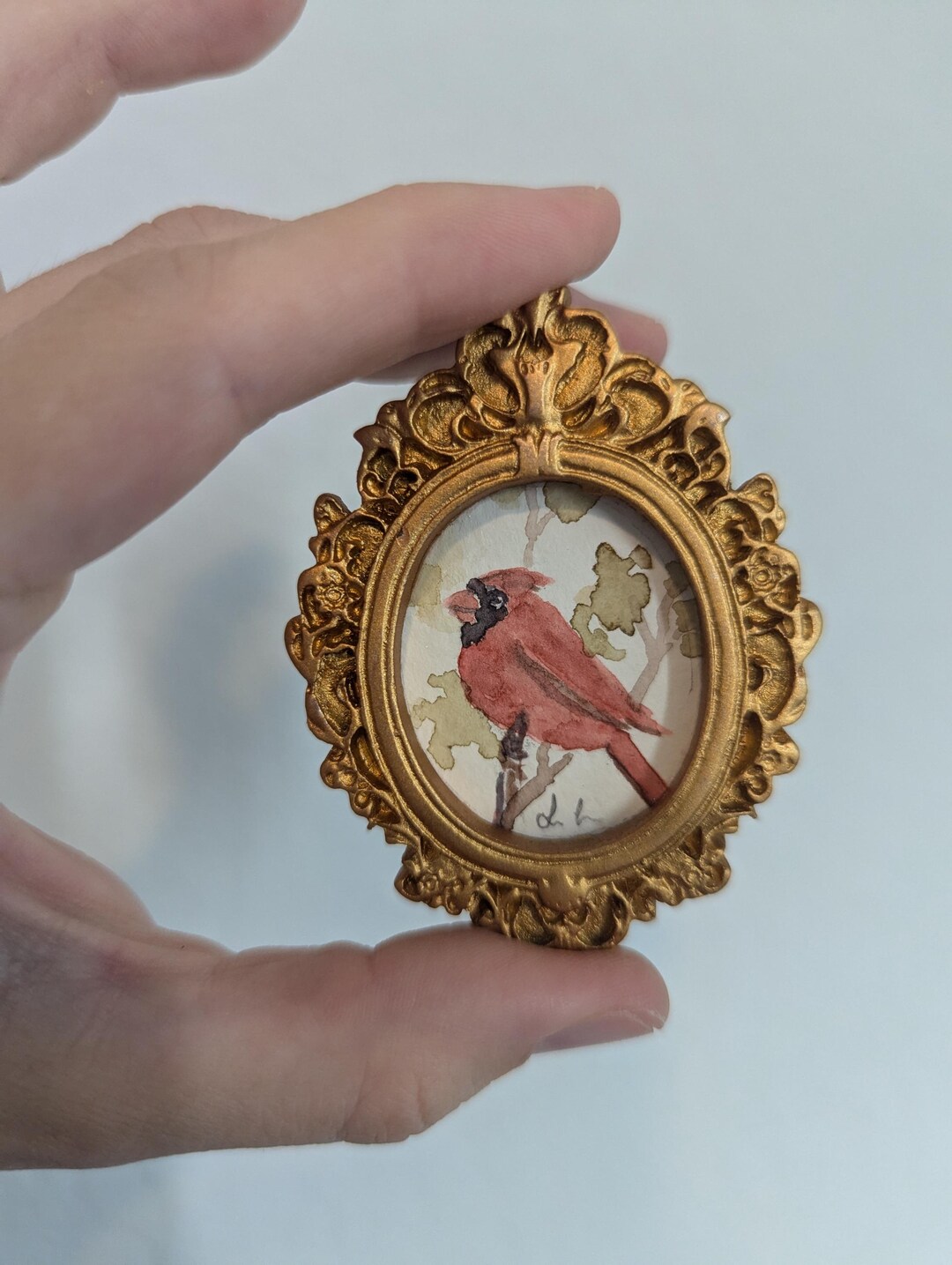 Mini Cardinal Bird Painting Tiny Framed Original Art Watercolor Design ...
