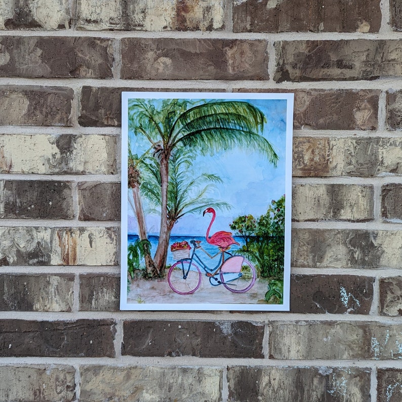 Flamingo on Bike Art Print - Watercolor Design - Lora Cavallin Art ...