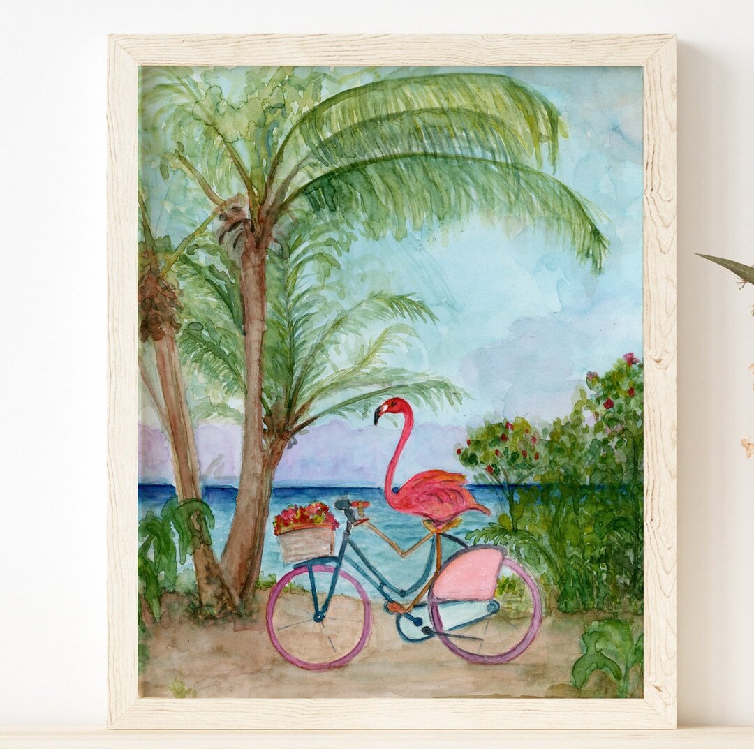 Flamingo on Bike Art Print - Watercolor Design - Lora Cavallin Art ...