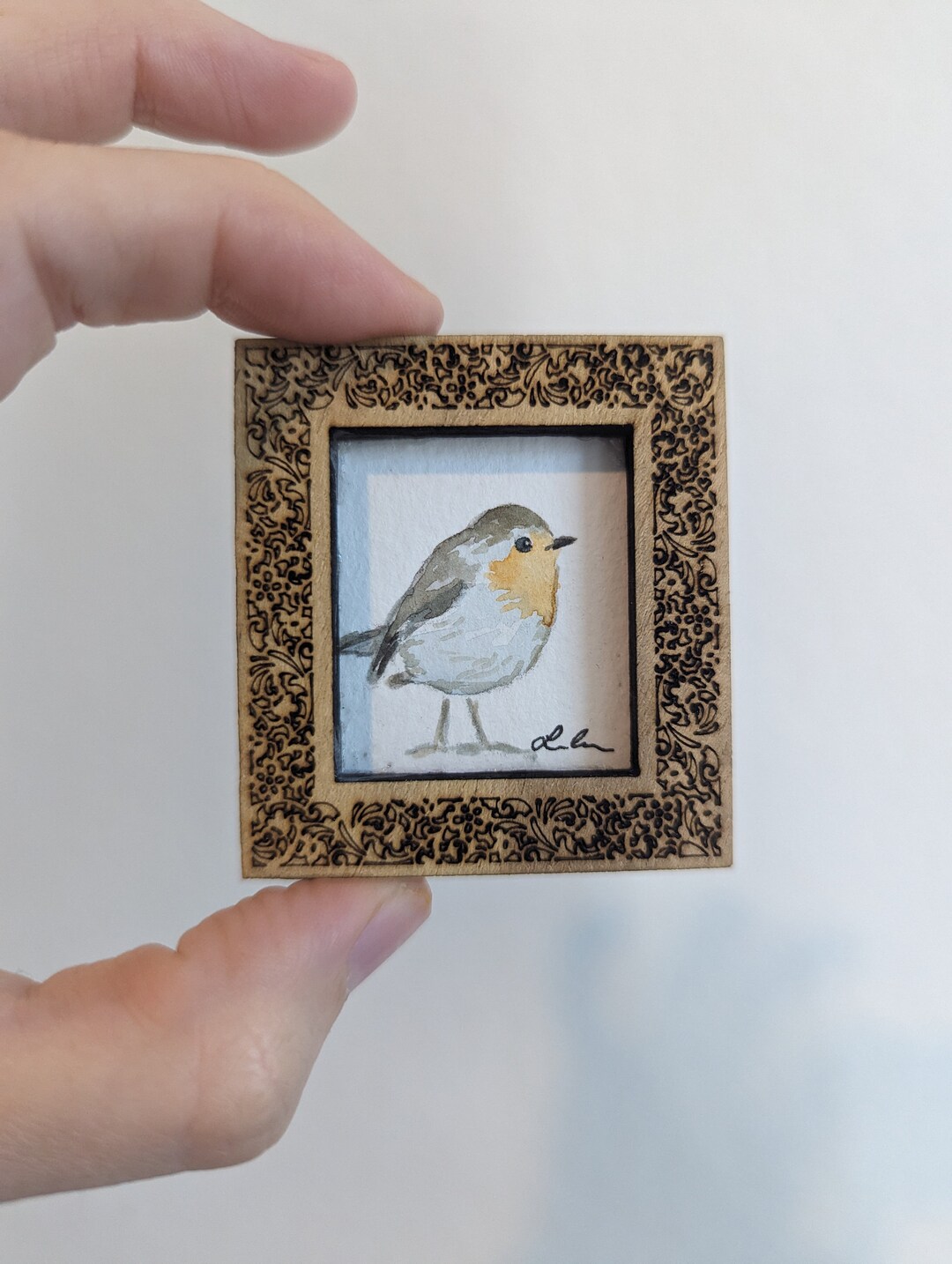 Mini Robin Bird Painting Tiny Framed Original Watercolor Art Lora ...