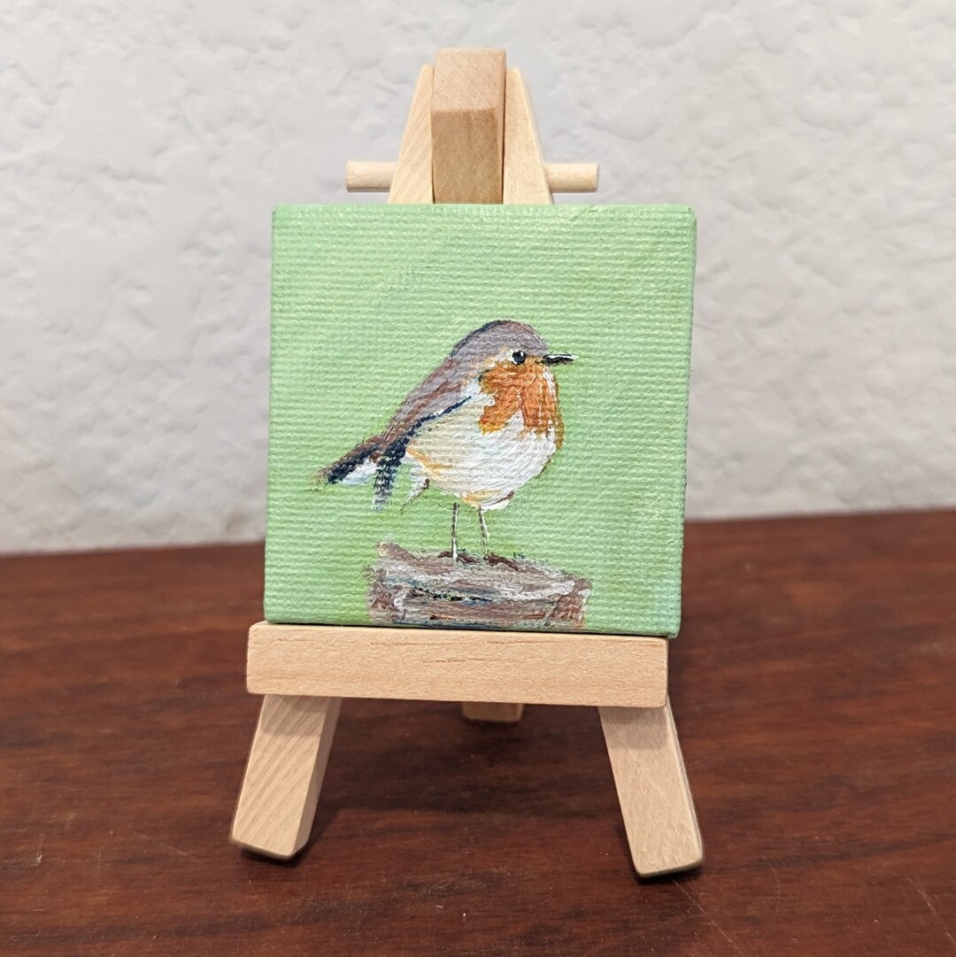 Mini Robin Bird Painting Acrylic on Stretched Canvas With Display Easel ...