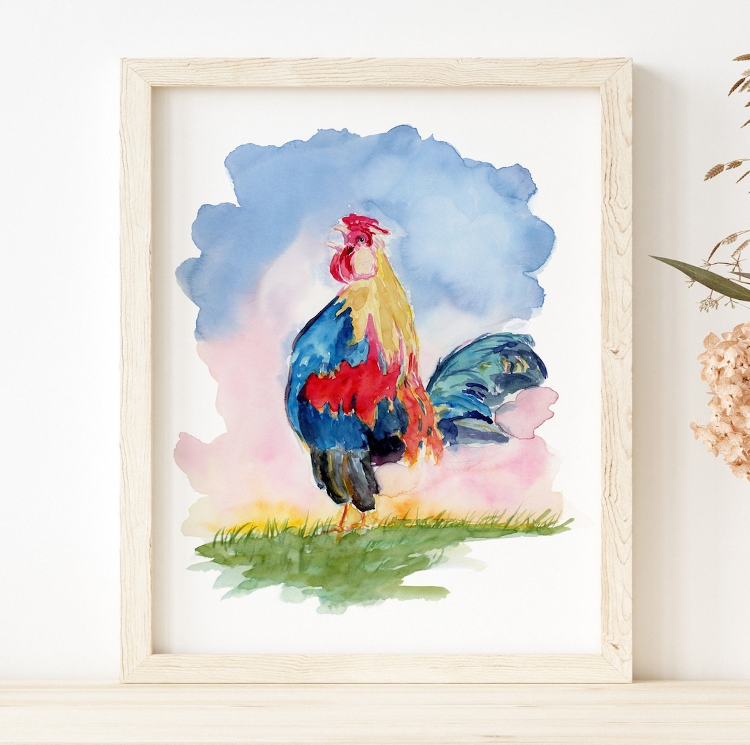 Crowing Rooster Art Print Watercolor Design Lora Cavallin Art - Etsy