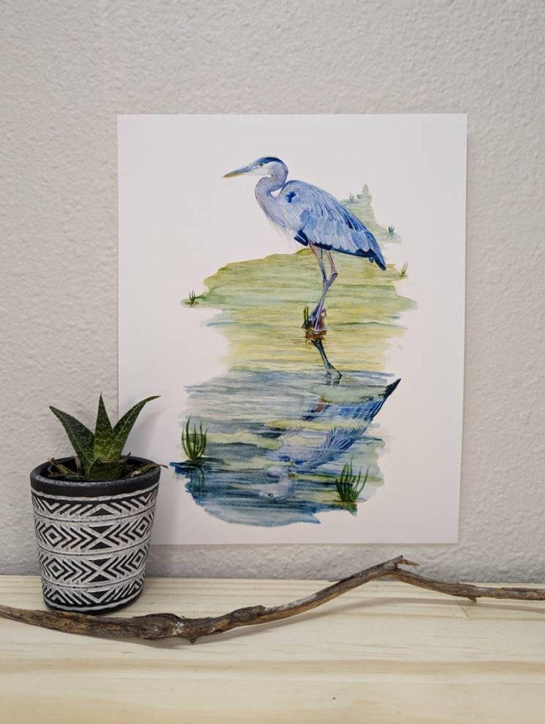 Great Blue Heron Art Print - Blue Heron in Creek With Reflection ...