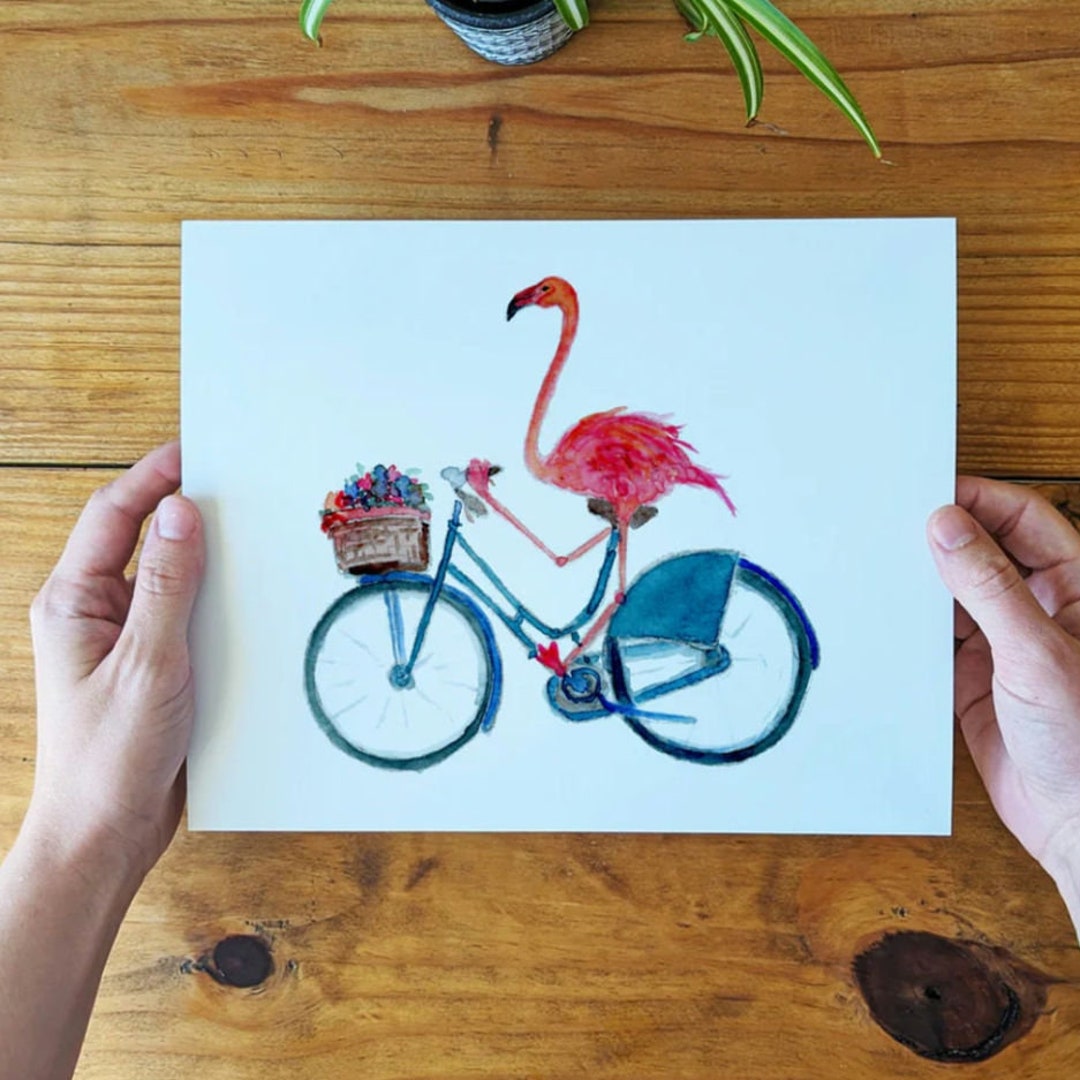 Flamingo on Bike Art Print Watercolor Design Lora Cavallin Art - Etsy