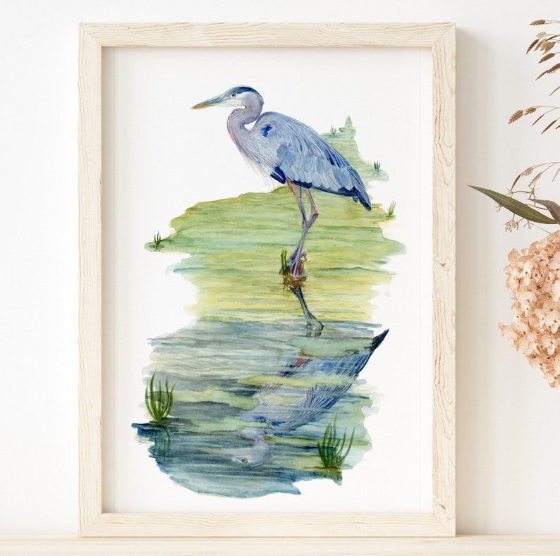 Great Blue Heron Art Print Blue Heron in Creek With Reflection Coastal ...