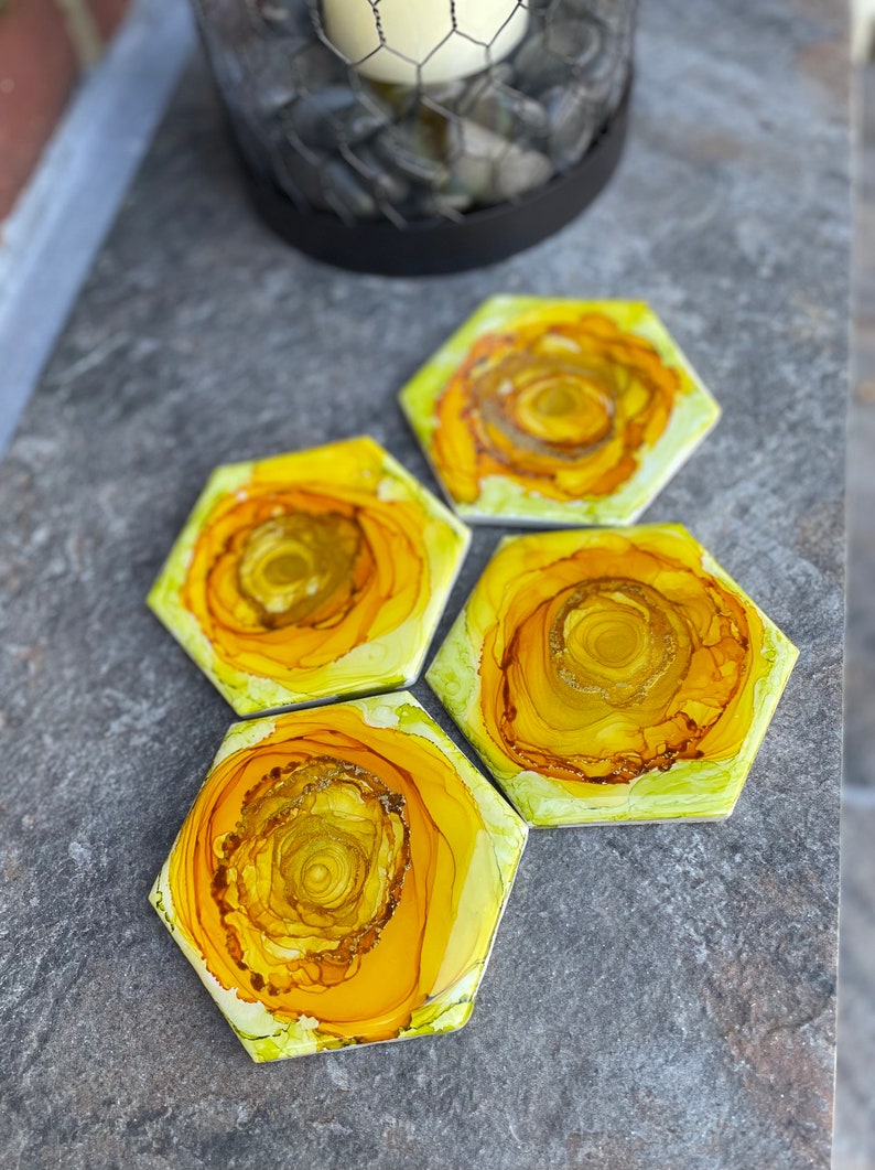 Yellow Rose Hexagonal Ceramic Coaster Set - Etsy