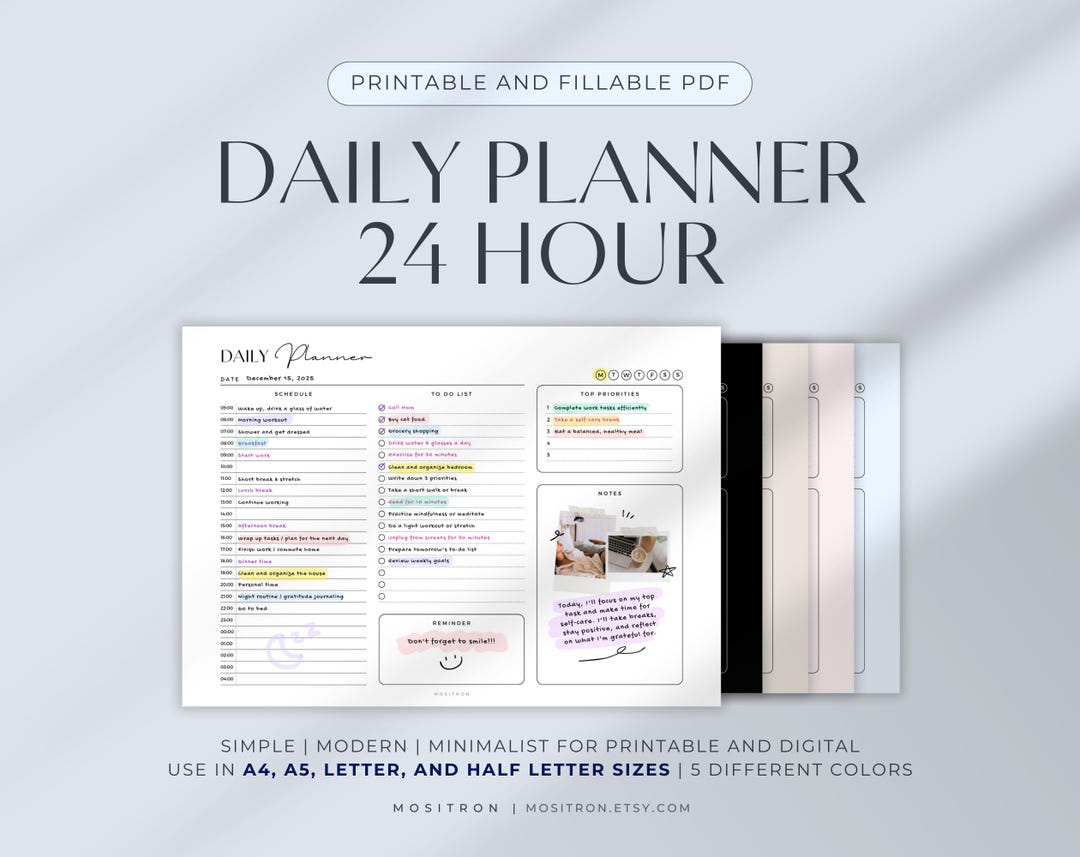 24 Hour Horizontal Daily Planner, Minimalist Layout, Printable ...