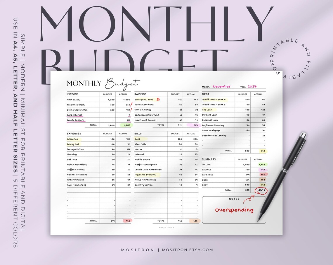 Monthly Budget Planner PDF for Digital & Printable | Landscape ...