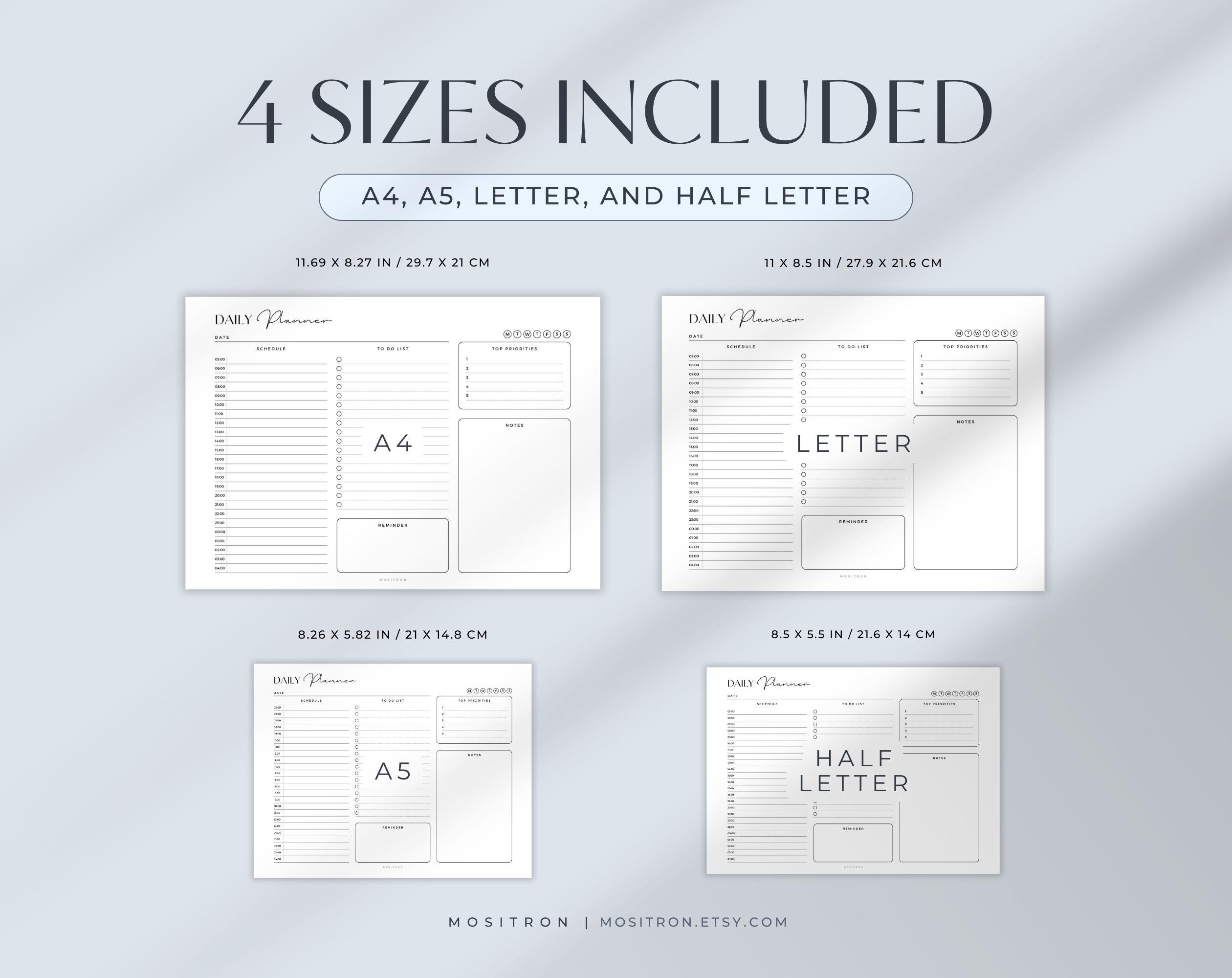 24 Hour Horizontal Daily Planner, Minimalist Layout, Printable ...