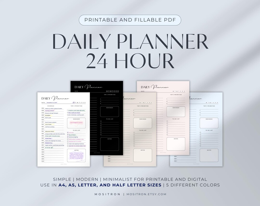 24 Hour Daily Planner, Printable & Fillable PDF, Minimalist Daily ...