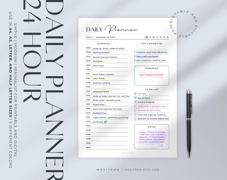 24 Hour Daily Planner, Printable & Fillable PDF, Minimalist Daily ...