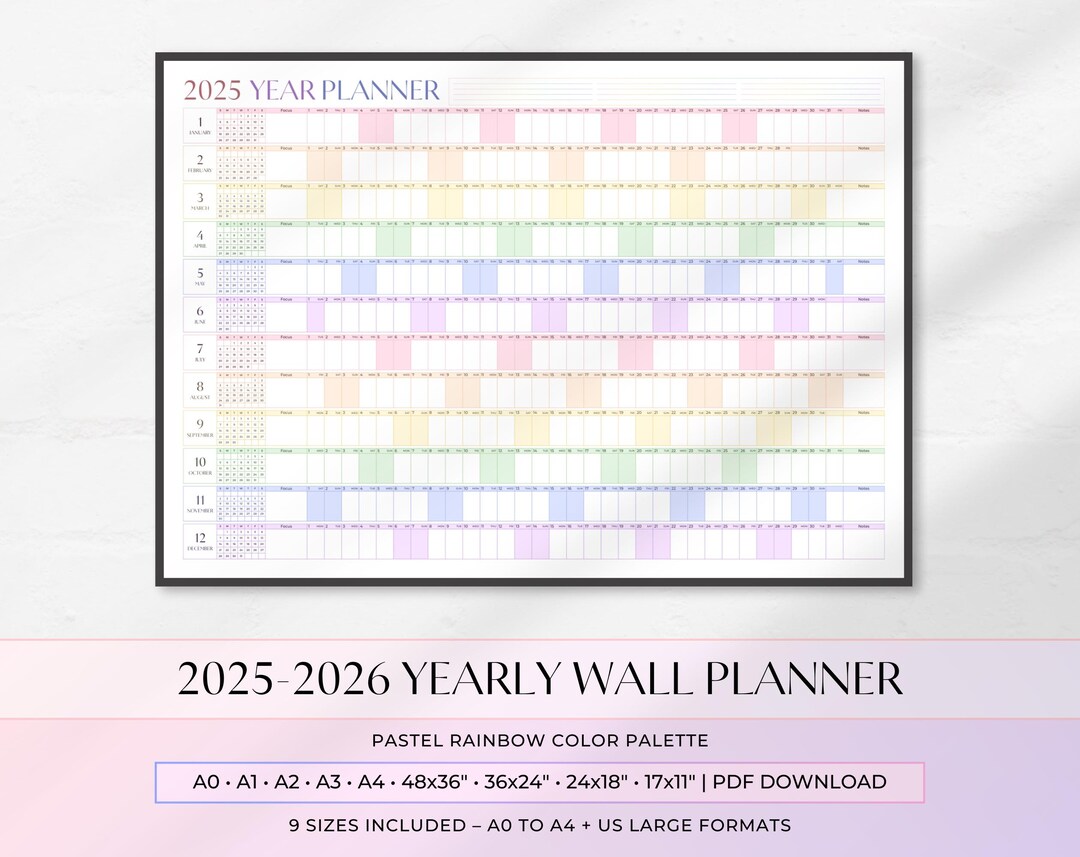 2025-2026 Yearly Wall Planner | Pastel Rainbow Color Palette | Large ...