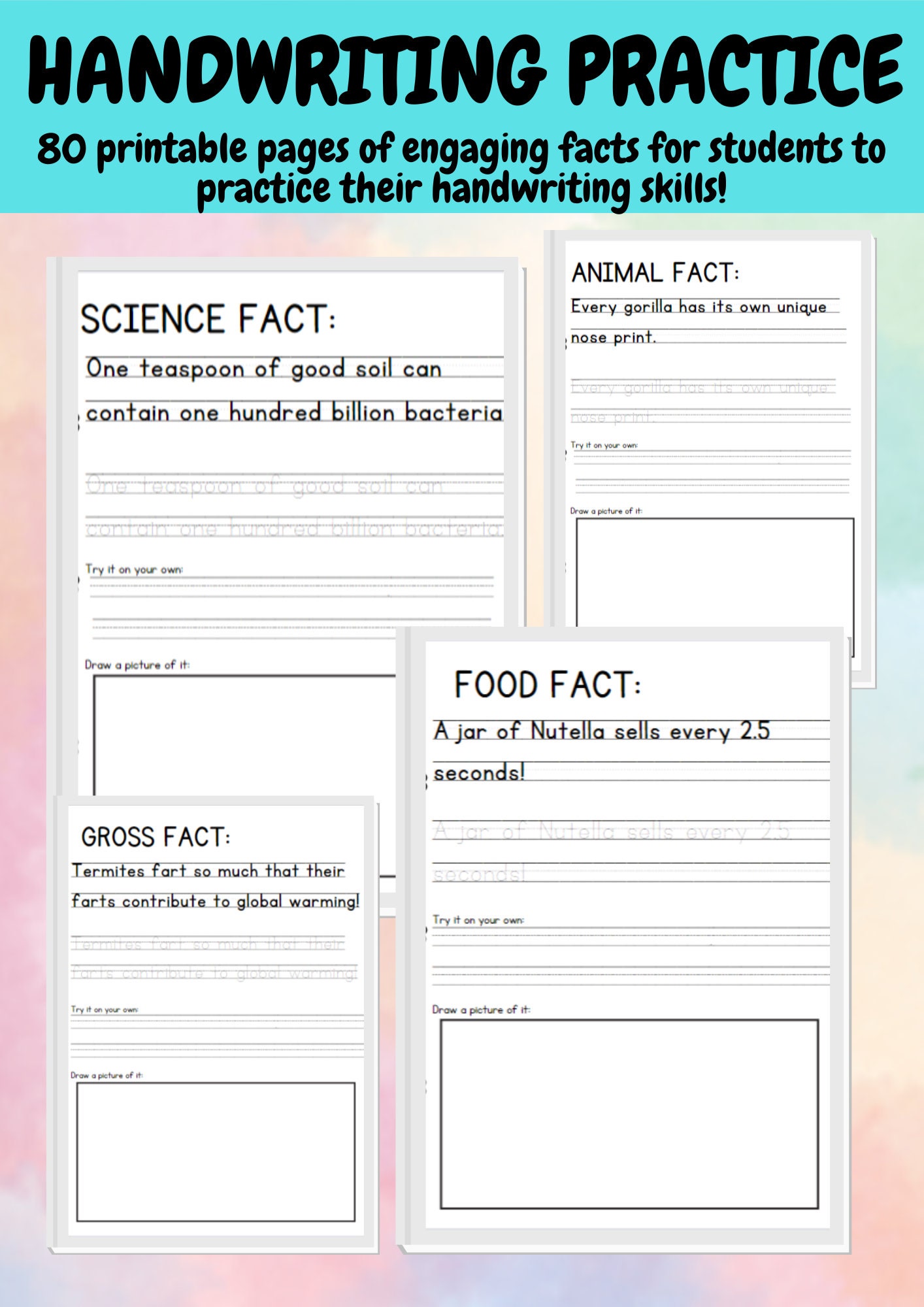 Handwriting Practice Sheets. Gross Animal Science & Food - Etsy