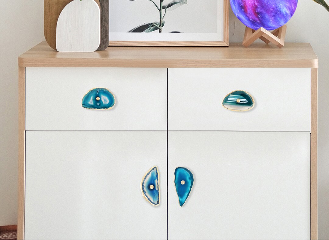 Stone Drawer Knobs for 4, Natuarl Agate Cabinet Hardware, Gold Edge Agate Cabinet Pulls, Modern ...