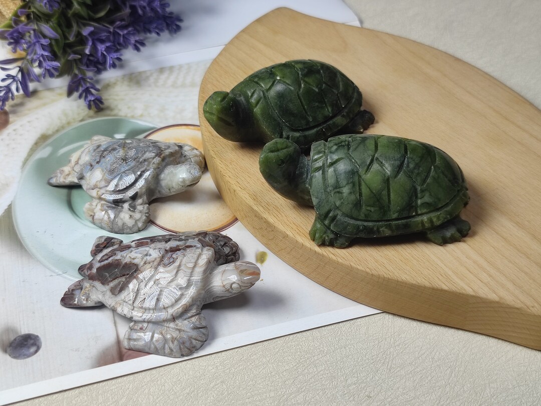 Turtle Statue Natural Jade Gemstone Animal Sculpture for Longevity and Luck, 3 Inch Sea Turtle ...
