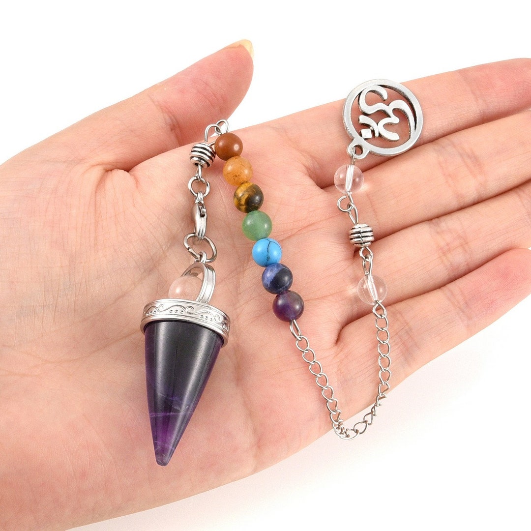Natural Gemstone Pendulum Dowser, Buddha Om Scrying Pendulum, 7 Chakra Beaded Crystal Divination ...
