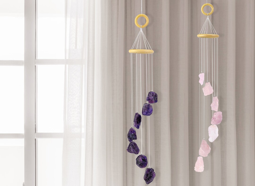 Amethyst Gravel Wind Chime, Raw Rose Quartz Stone Chime Mobile, Window ...