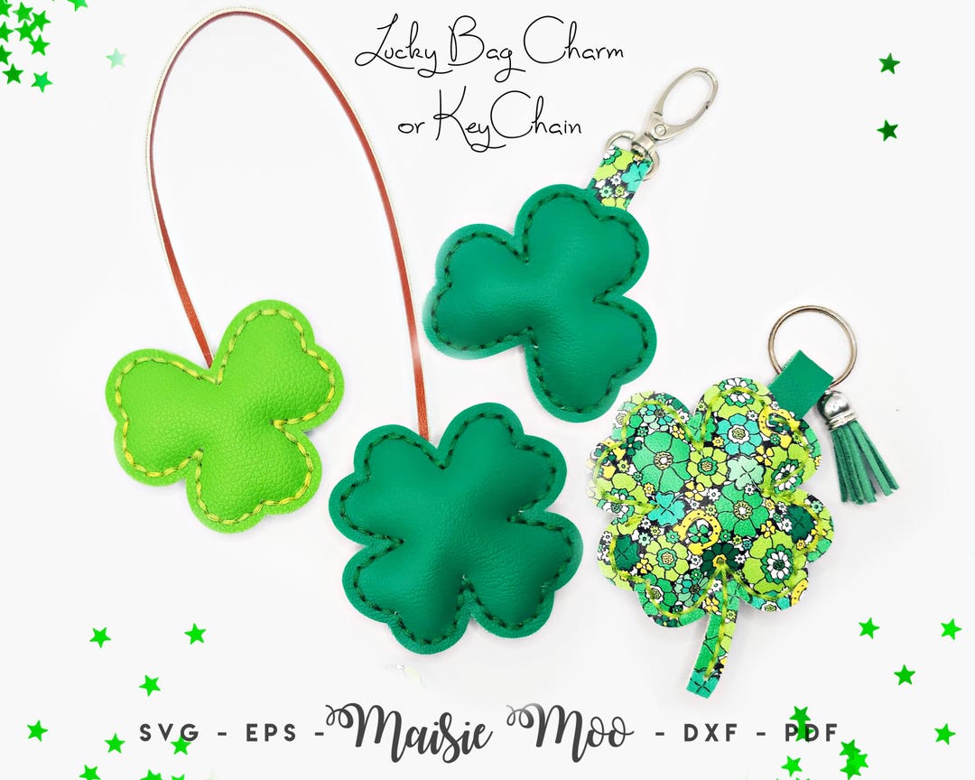 Lucky Bag Charm Key Chain SVG Pattern, Four Leaf Clover Faux Leather ...