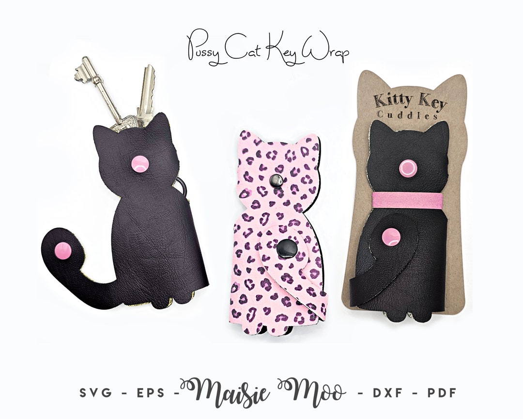 Pussy Cat Key Wrap Fob SVG | Kitty Cat Key Cover Template Keychain Bag ...