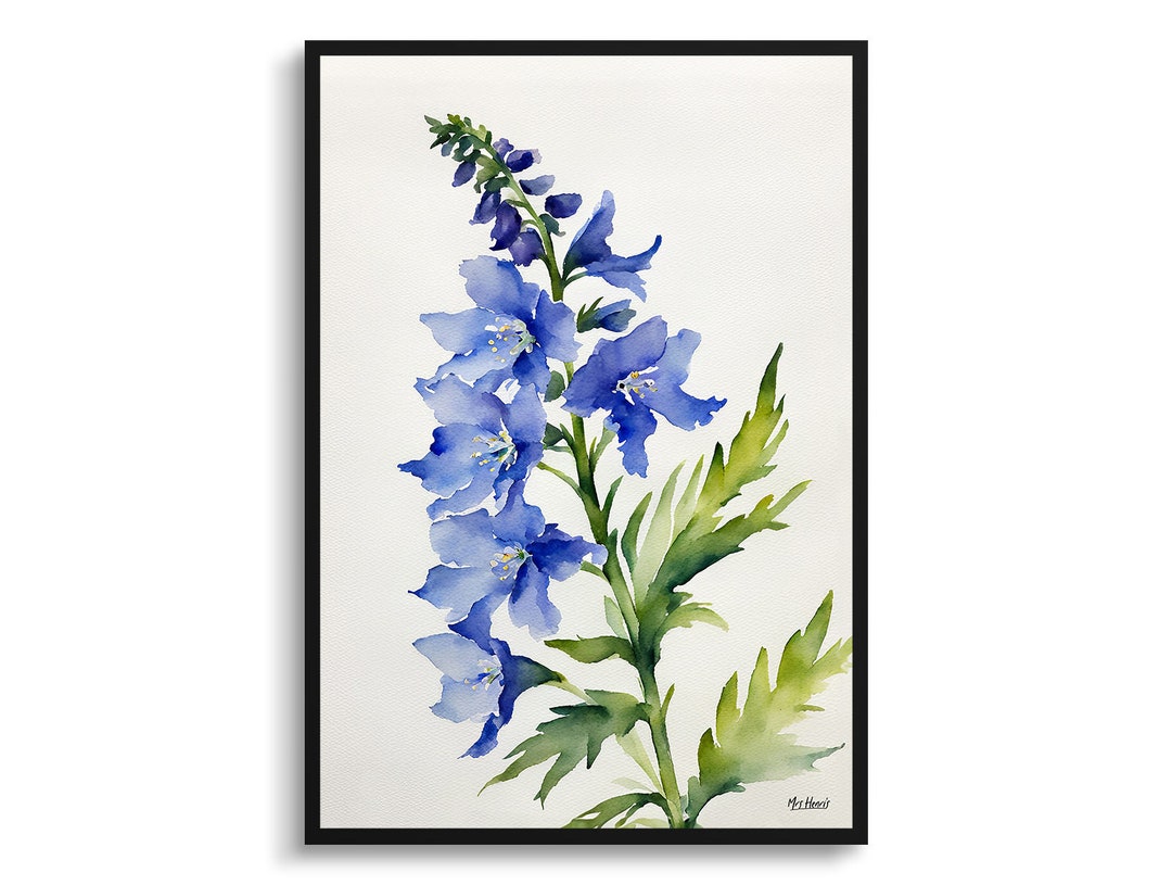 Delphinium Cassius Minimalist Watercolour Botanical Art Print - Blue ...