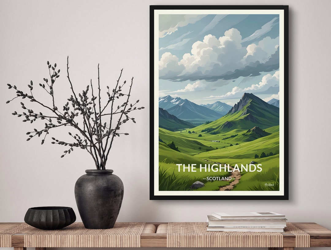 The Highlands Scotland Travel Art Poster Print. Retro Illustration Wall ...