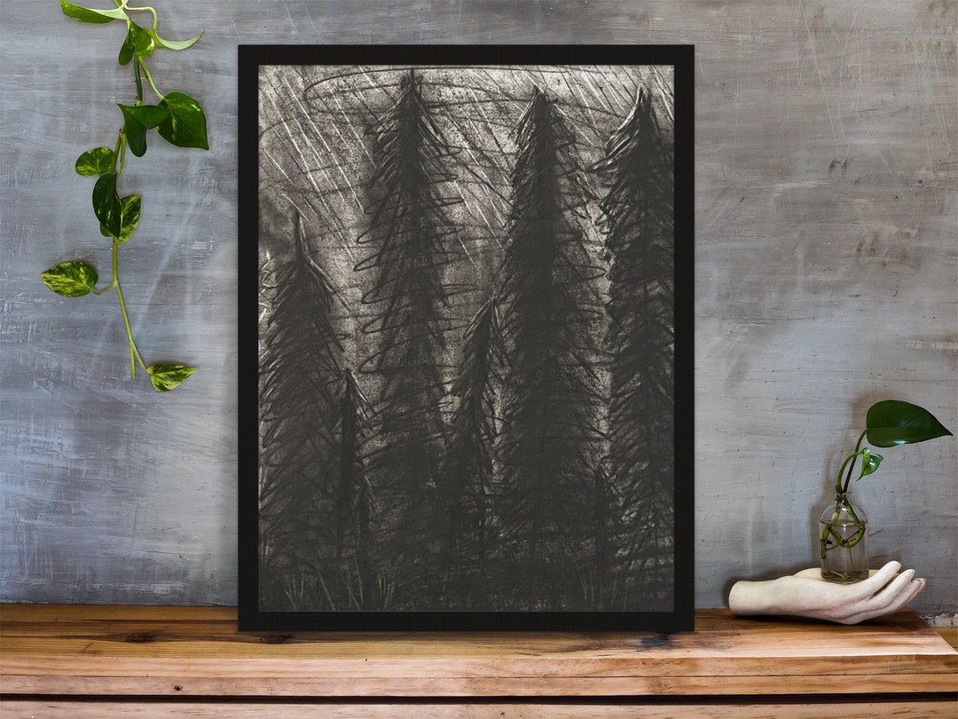 Charcoal Drawing, Sentinels, Pine Trees in the Rain, Lightning, Wall ...