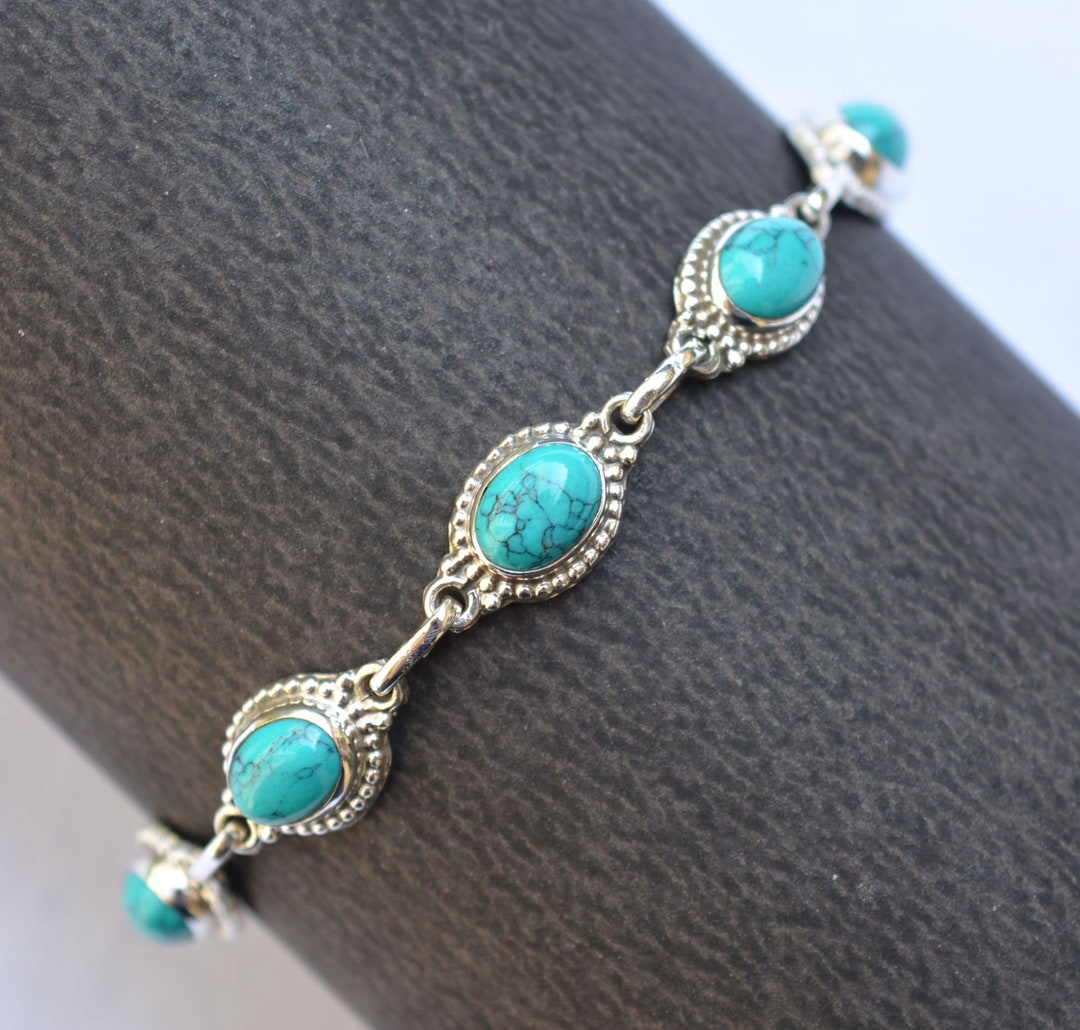 Turquoise Stone Adjustable Bracelet 925 Sterling Silver - Etsy