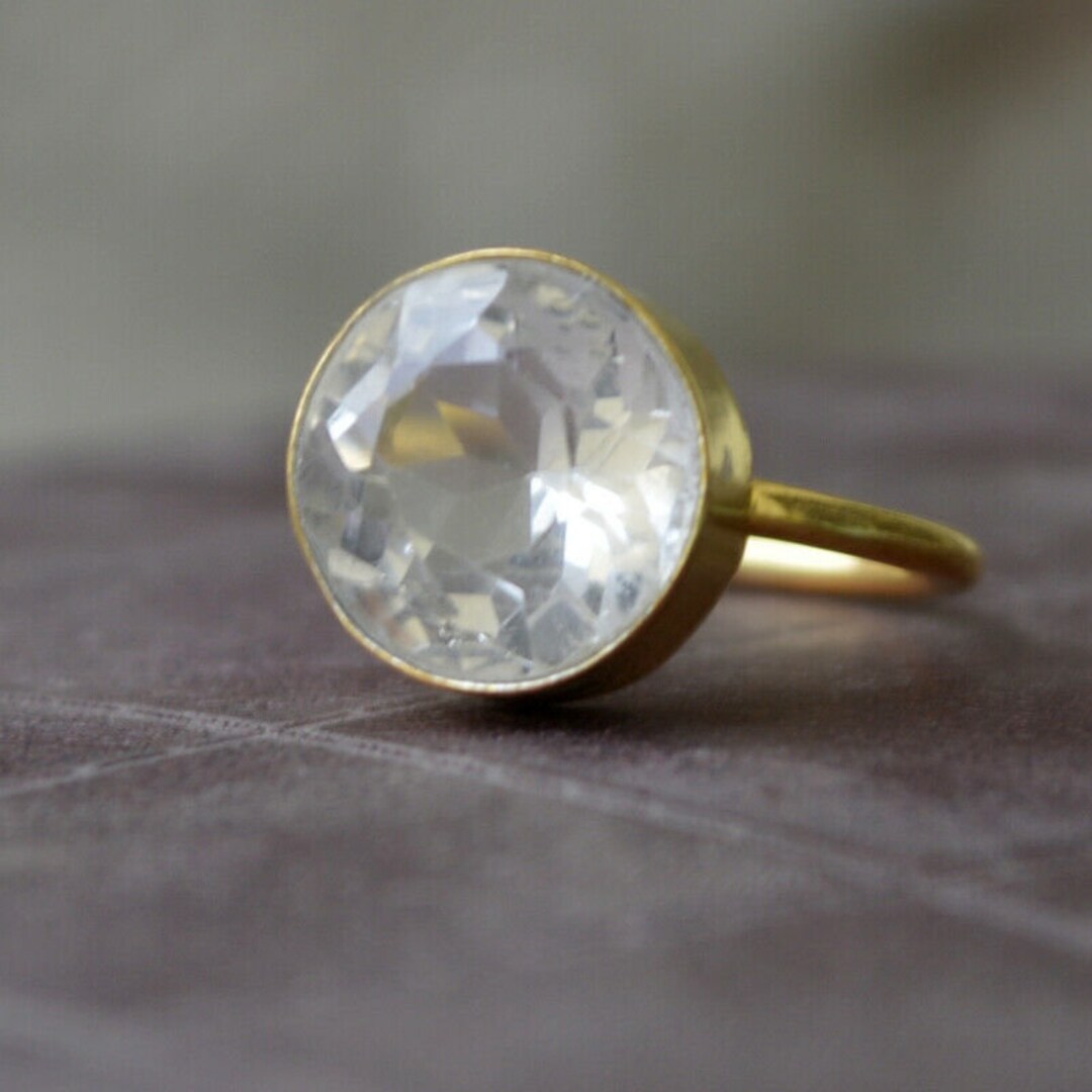 Round Clear Quartz Ring Solid 14K Yellow Gold Gemstone Ring - Etsy