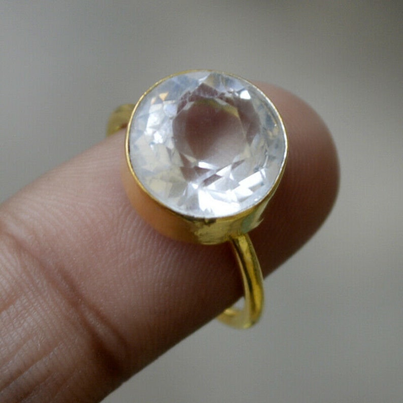 Round Clear Quartz Ring Solid 14K Yellow Gold Gemstone Ring - Etsy