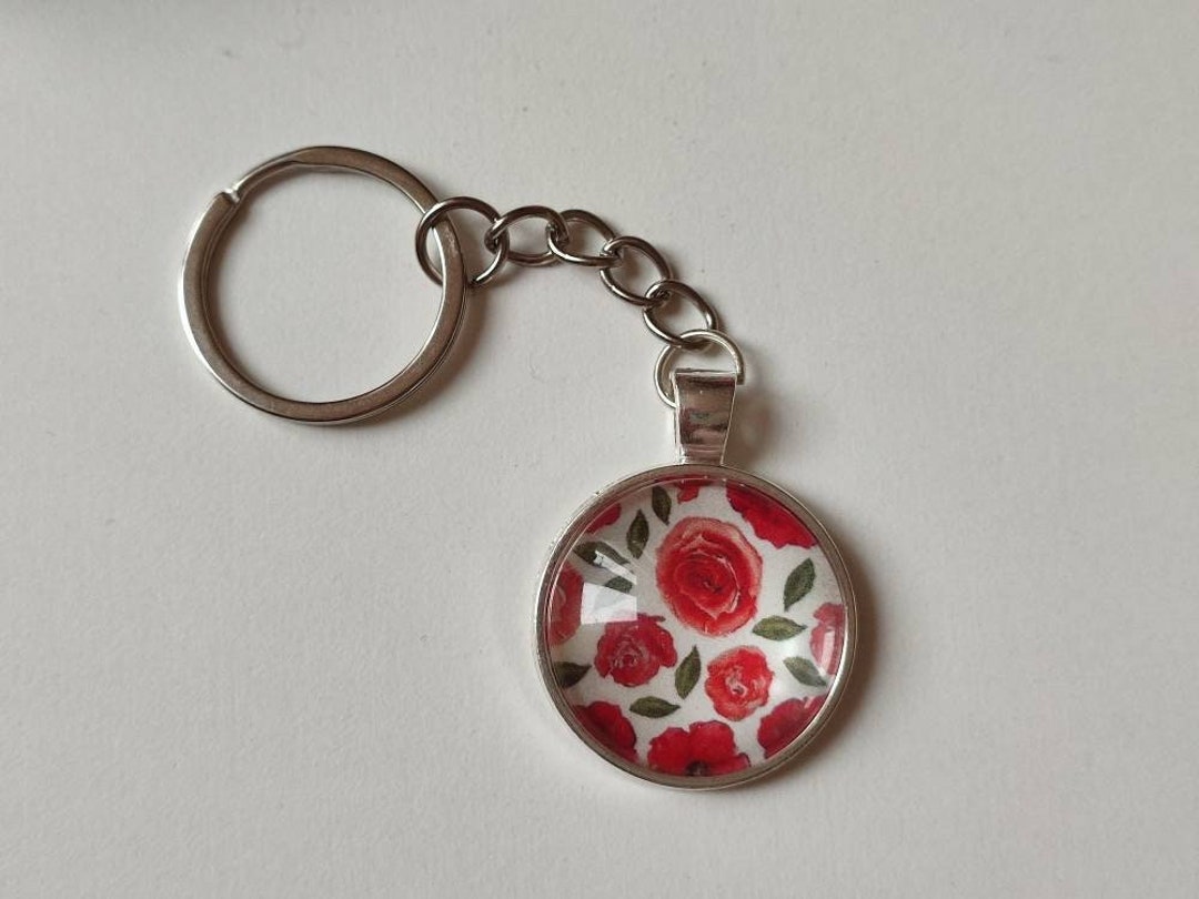Rose Cabochon Keychain Glass Chain Ring Keychain Nature Lover Gift ...