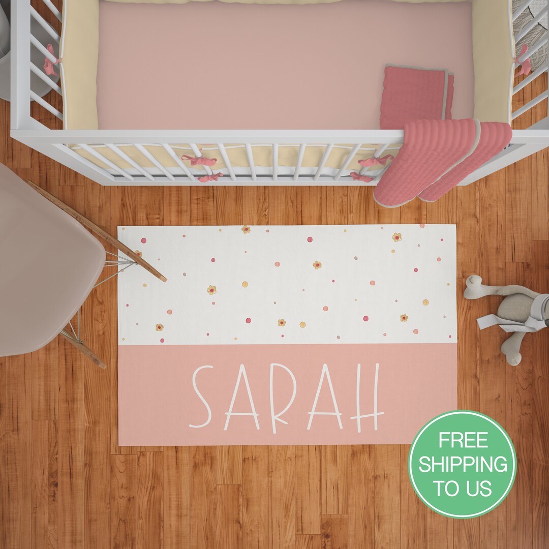 Pink Nursery Rug, Floral Kids Carpet, Rug With Name, Customized Rug ...