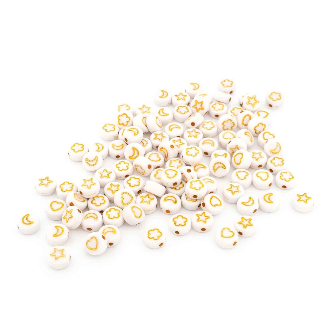 Round Acrylic Beads With Different Motifs in White and Gold-colored ...
