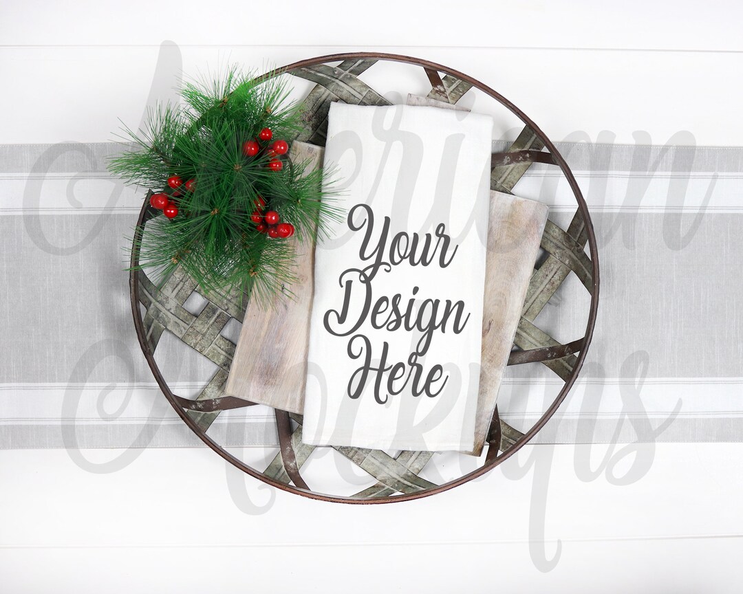 Christmas Farmhouse Tea Rag Mockup, Kitchen Towel, Tea Towel Flat Lay ...