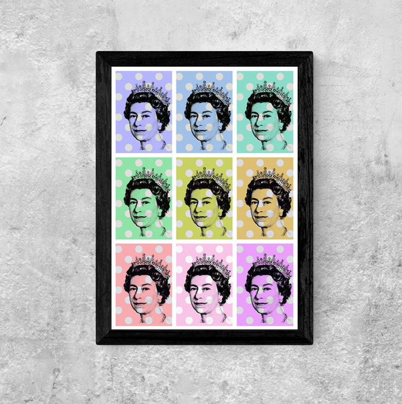 Queen Elizabeth Polka Dot Pastel Art Print, Andy Warhol Style Poster of ...
