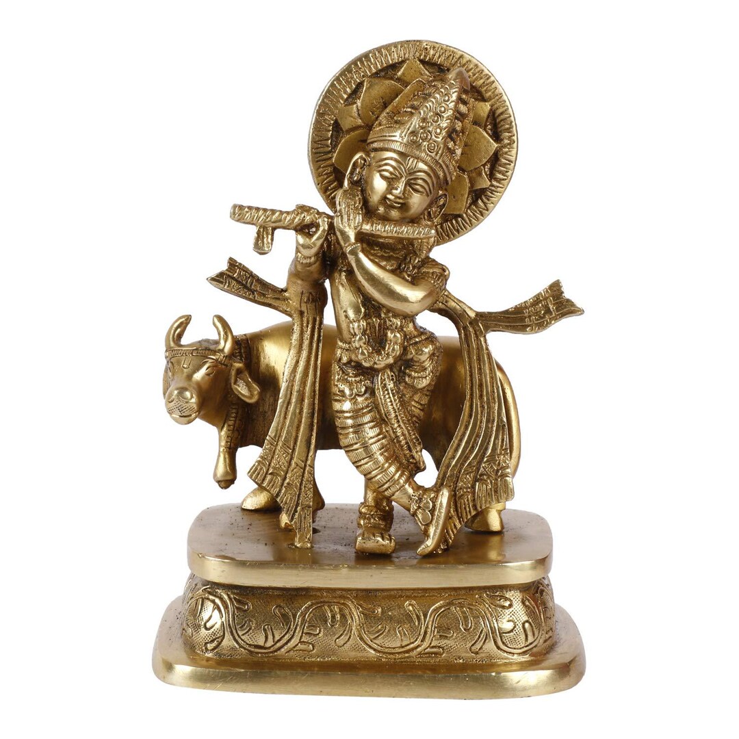 Handmade Brass Lord Krishna With Holy Cow Statue Figurine Idol Decor - Etsy