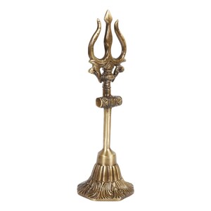 Brass Handmade Lord Shiva Trishul With Damru on Stand for Pooja Room Traditional Trident Statue ...