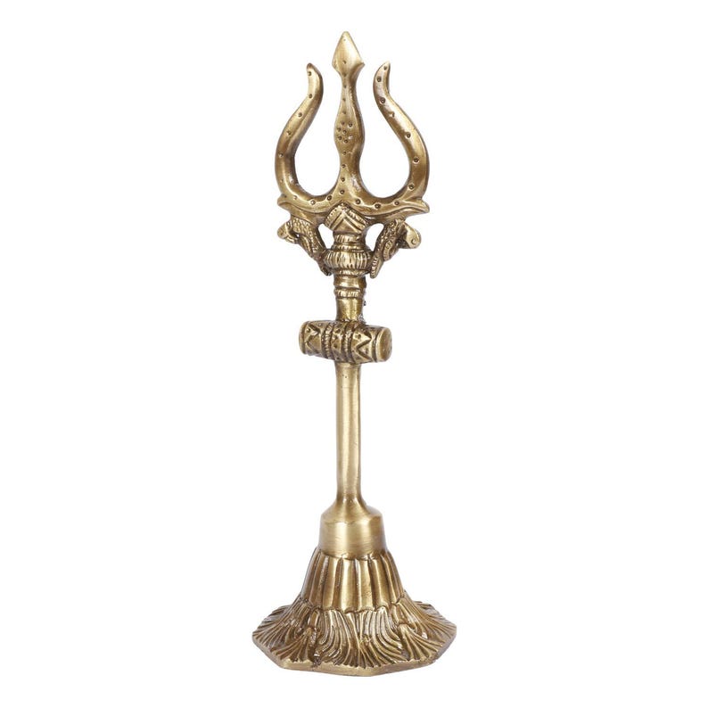Brass Handmade Lord Shiva Trishul With Damru on Stand for Pooja Room Traditional Trident Statue ...