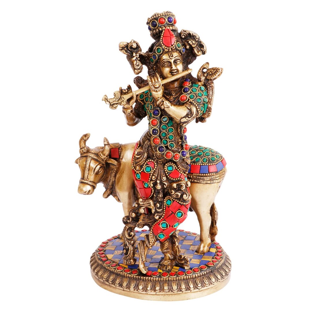 Handmade Brass Lord Krishna Cow Statue: Gemstone Flute Idol - Etsy