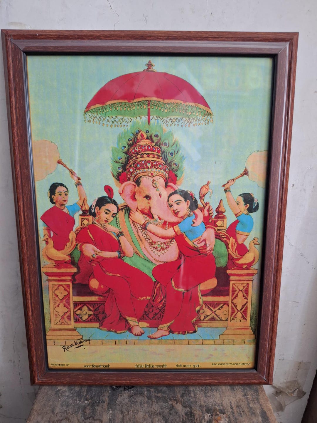 Vintage Old Lord Ganesha With Riddhi Siddhi Ravi Varma Litho Print ...