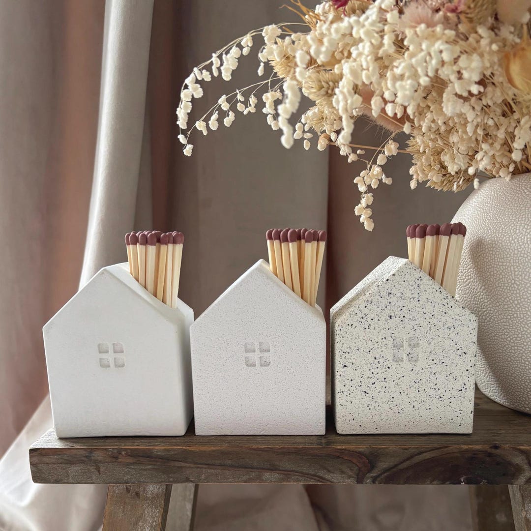 Concrete Matchstick Holder | House Shaped With Striking Pads & Matches ...