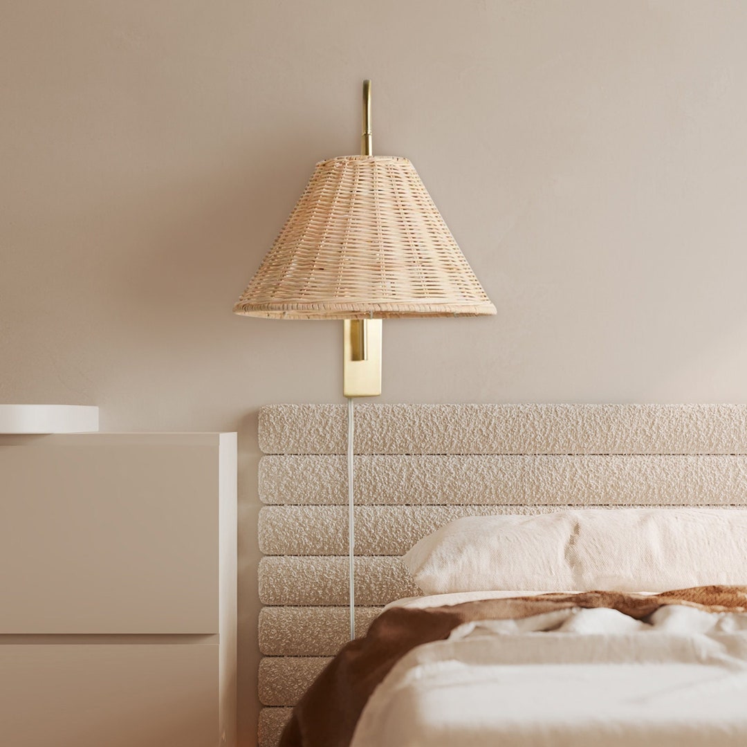 Natural Rattan Woven Wall Sconcejapanese Rustic Bedside Wall - Etsy