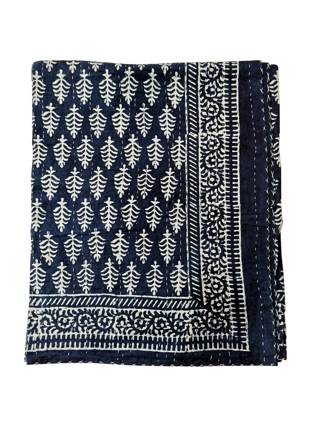 Indigo Handmade Cotton Kantha Quilt, Indian Coverlet (88x106 Inch) - Etsy
