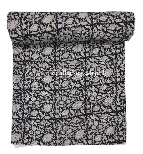 Black Kantha Hand Block Print Cottn Kantha Quilt Indian - Etsy