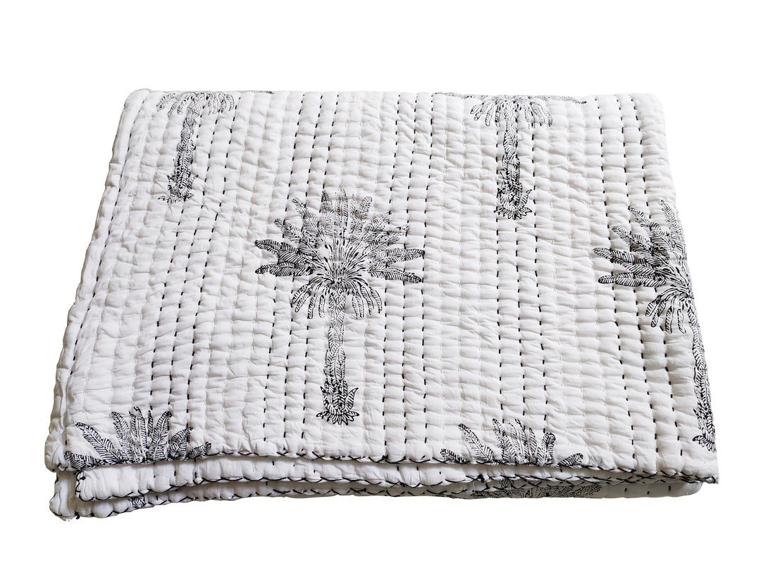 Grey Palm Tree Hand Stitched Kantha Quilt - Etsy